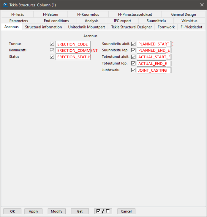 Finnish Environment User Defined Attributes | Tekla User Assistance