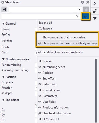 Some properties are missing from property pane | Tekla User Assistance
