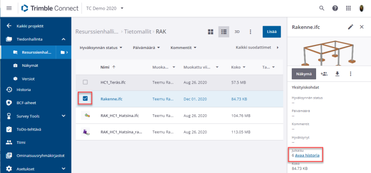 Trimble Connect tiedostojen muutoshistoria | Tekla User Assistance
