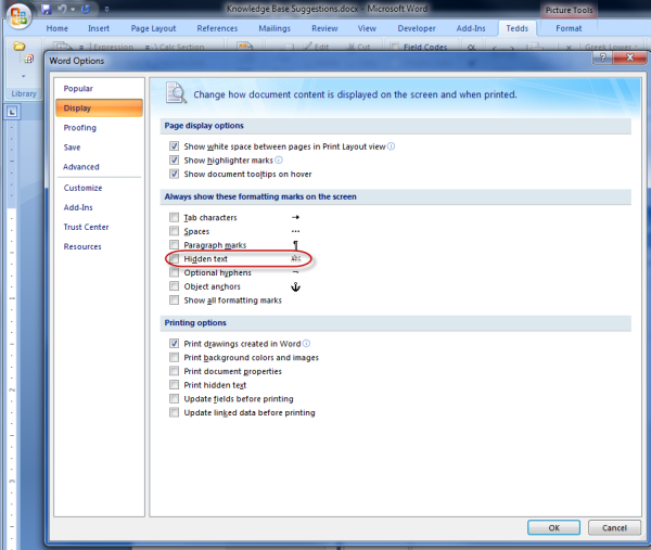 How do I modify Word settings so hidden calculations will toggle on/off ...