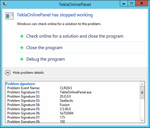 Tekla Tedds fails to launch because Tekla Online Panel has stopped ...