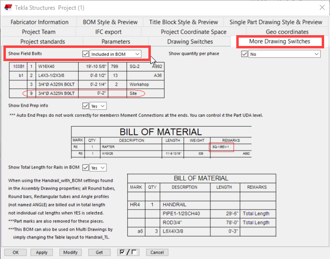 Field (site) bolt information on BOMs | Trimble User Assistance