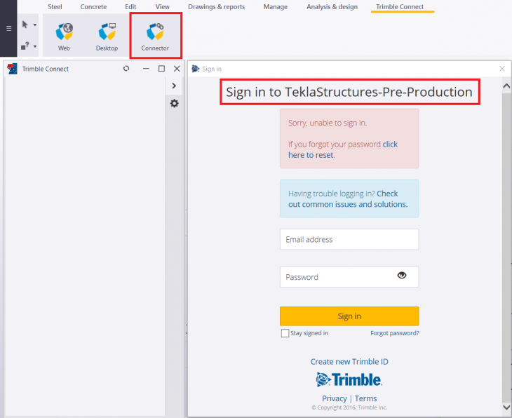 Trimble Connector in Tekla Structures 2018: Unable to sign in | Trimble User Assistance