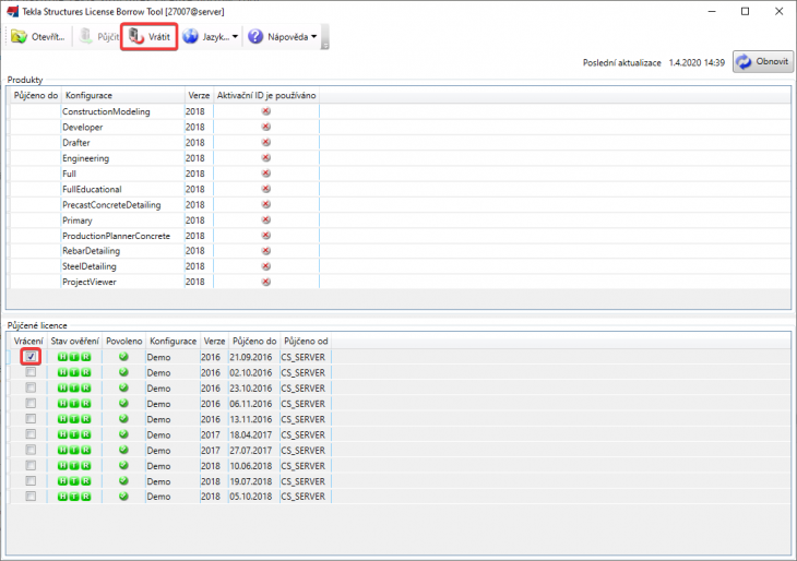 Vypůjčení licence pomocí nástroje Tekla Structures License borrow Tool ...