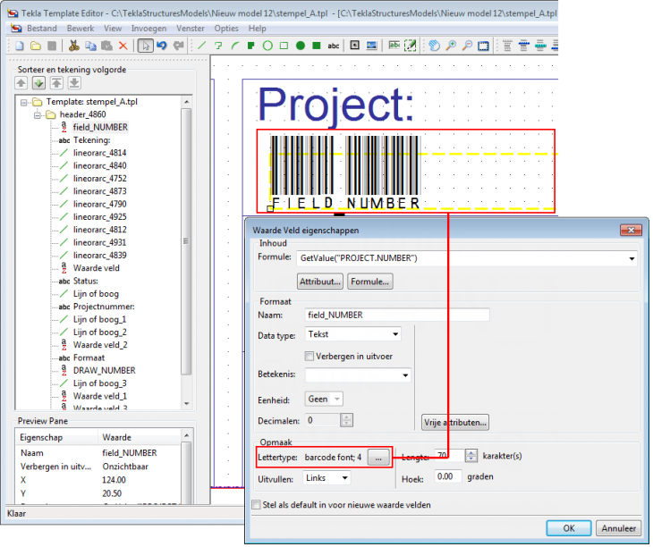 Een barcode gebruiken in templates en PDF-lijsten | Tekla User Assistance