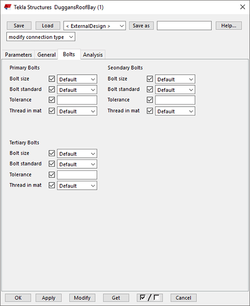 Duggans Standard Anti-Sag Bay - Bolts tab | Tekla User Assistance
