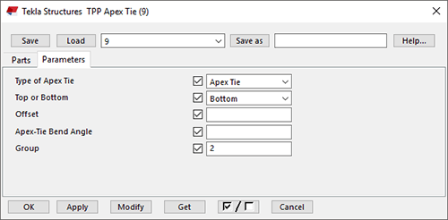 Thomas Panels Apex Ties (9) - Parameters tab | Tekla User Assistance