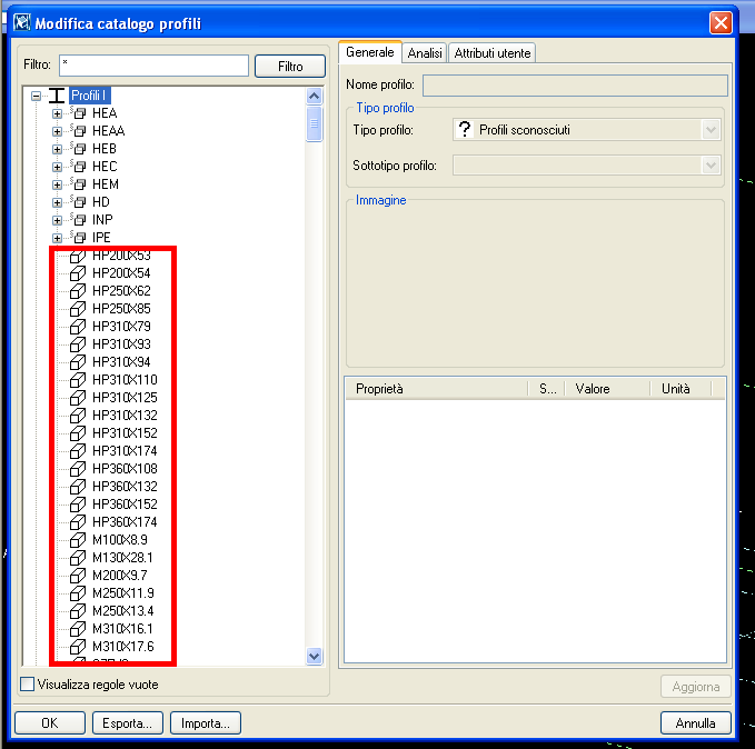 Esportare ed importare profili a sezione fissa dal catalogo profili ...