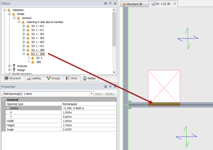 I have a Validation > Model > General > “Opening in slab above member” warning. Why do I get ...