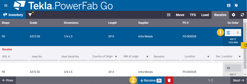 Receive inventory items in Tekla PowerFab Go | Tekla User Assistance