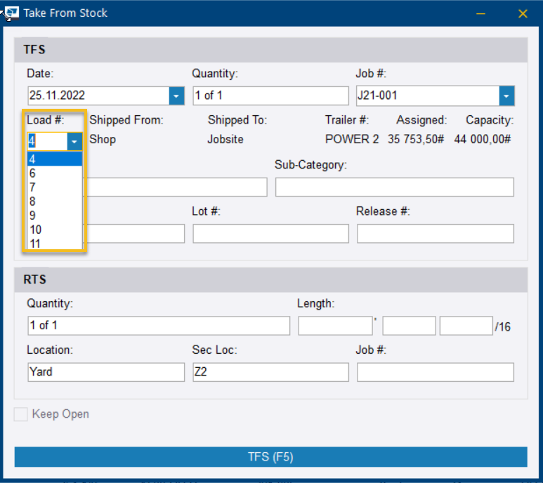 Add inventory to load | Trimble User Assistance