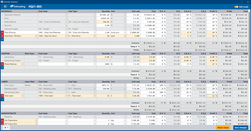 Estimate summary | Tekla User Assistance