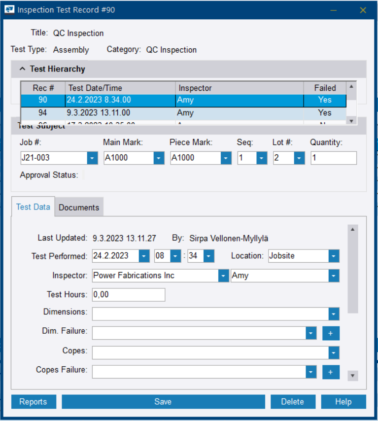 Inspection test record properties | Tekla User Assistance