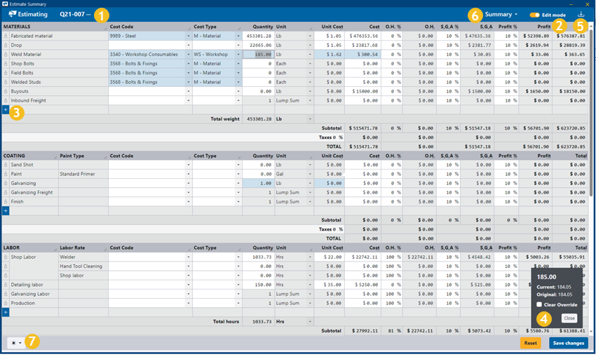 Estimate summary | Tekla User Assistance