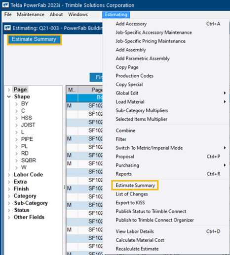 Estimate summary | Tekla User Assistance