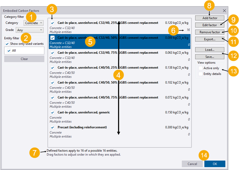 Embodied Carbon Factors dialog box | Trimble User Assistance