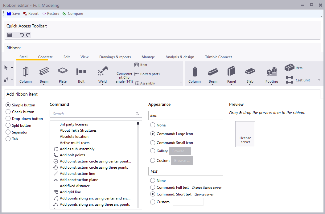 Redesigned customization tools for ribbon, property pane, and user-defined commands | Tekla User ...