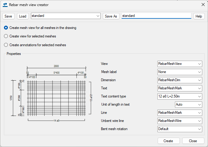 Create a drawing view for a reinforcement mesh | Tekla User Assistance