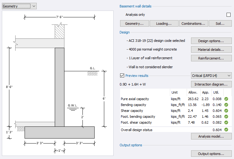 Retaining basement wall analysis & design (ACI318) | Tekla User Assistance